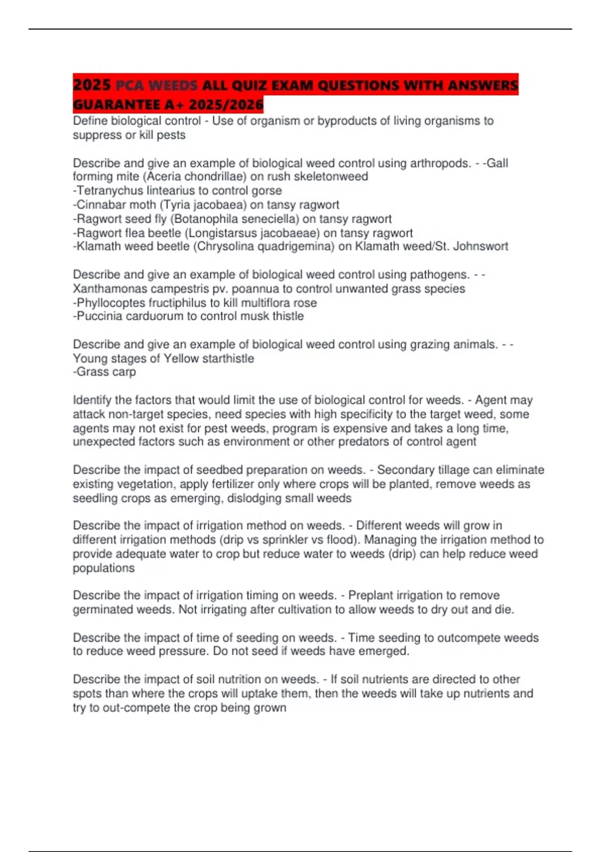 2025 PCA WEEDS ALL QUIZ EXAM QUESTIONS WITH ANSWERS GUARANTEE A+ 2025/ ...