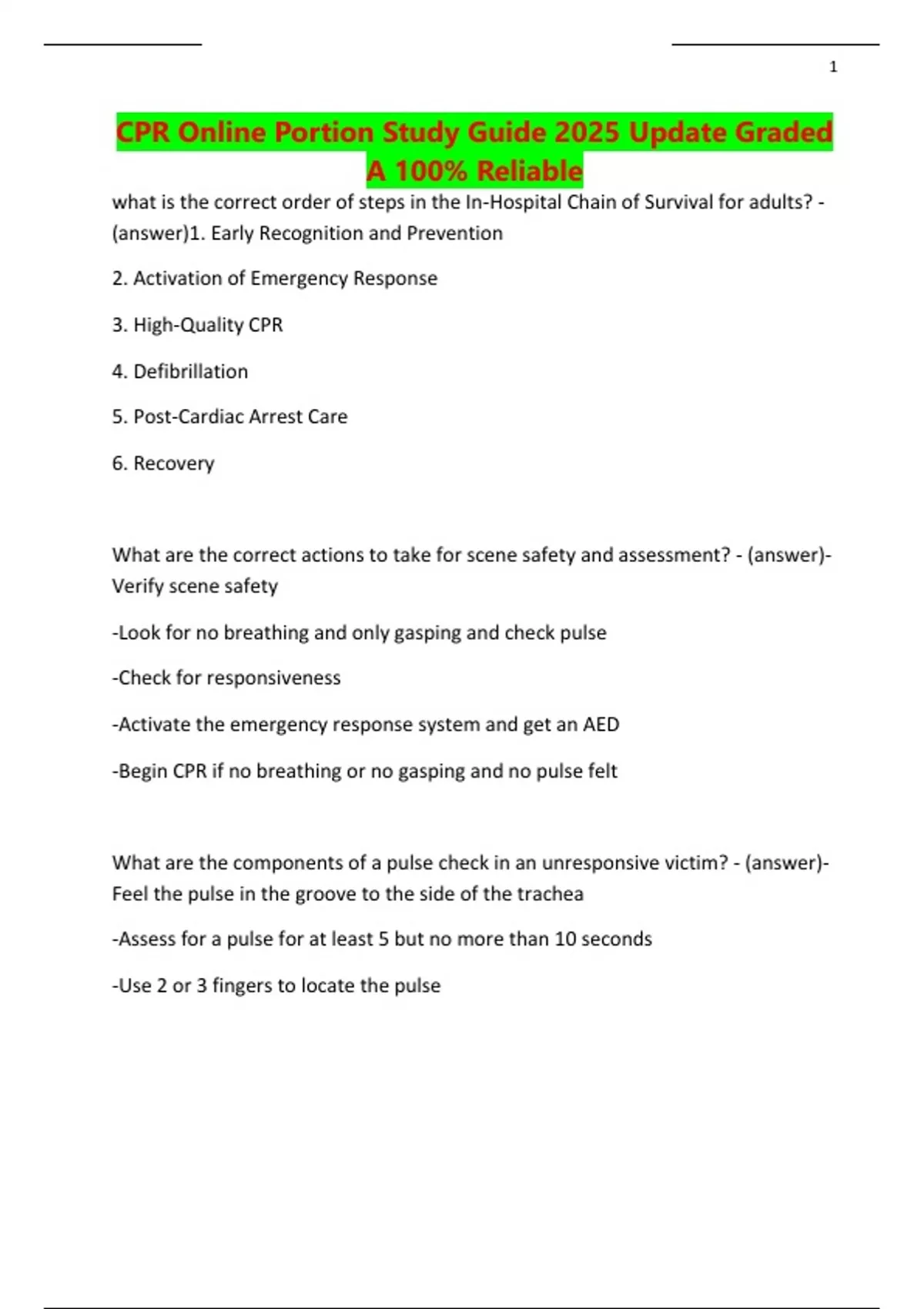 CPR Online Portion Study Guide 2025 Update Graded A 100% Reliable - CPR ...