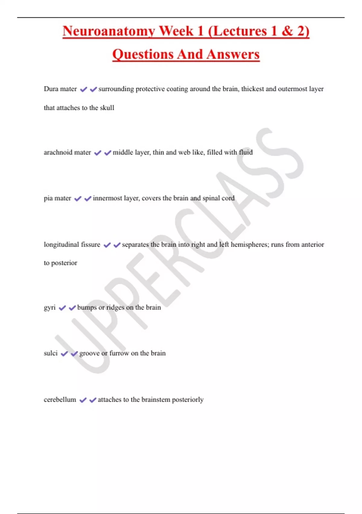 Neuroanatomy Week 1 (Lectures 1 & 2) Questions And Answers ...