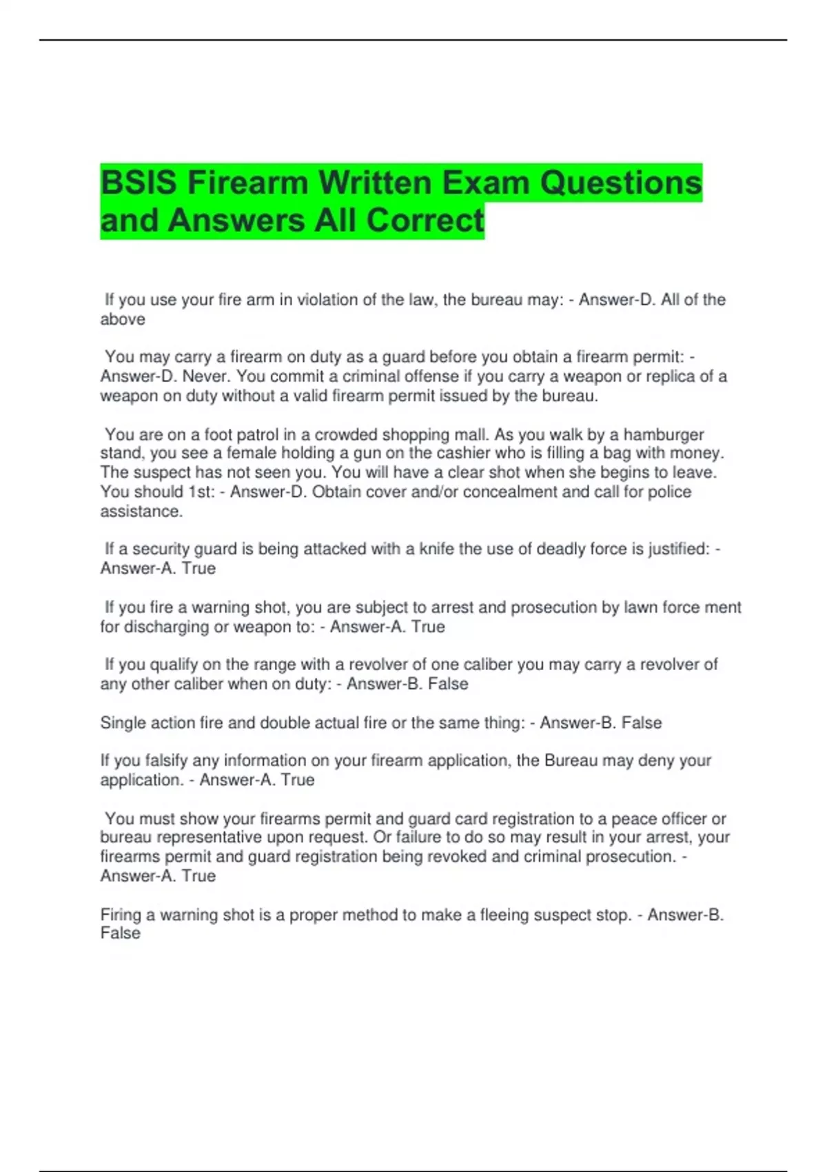 BSIS Firearm Written Exam Questions and Answers All Correct - BSIS ...
