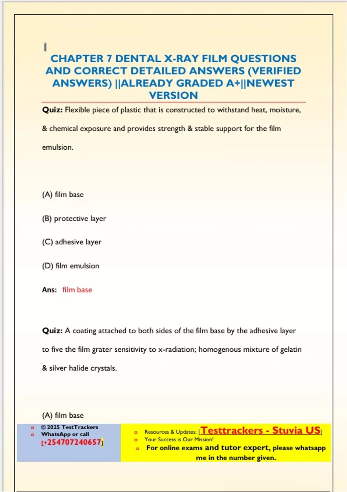 CHAPTER 7 DENTAL X-RAY FILM QUESTIONS AND CORRECT DETAILED ANSWERS ...