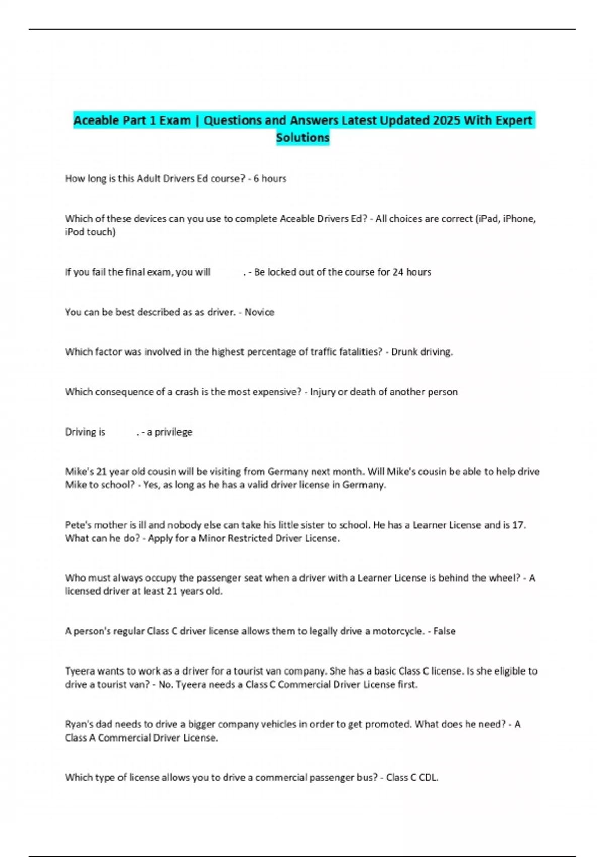 Aceable Part 1 Exam | Questions and Answers Latest Updated 2025 With ...