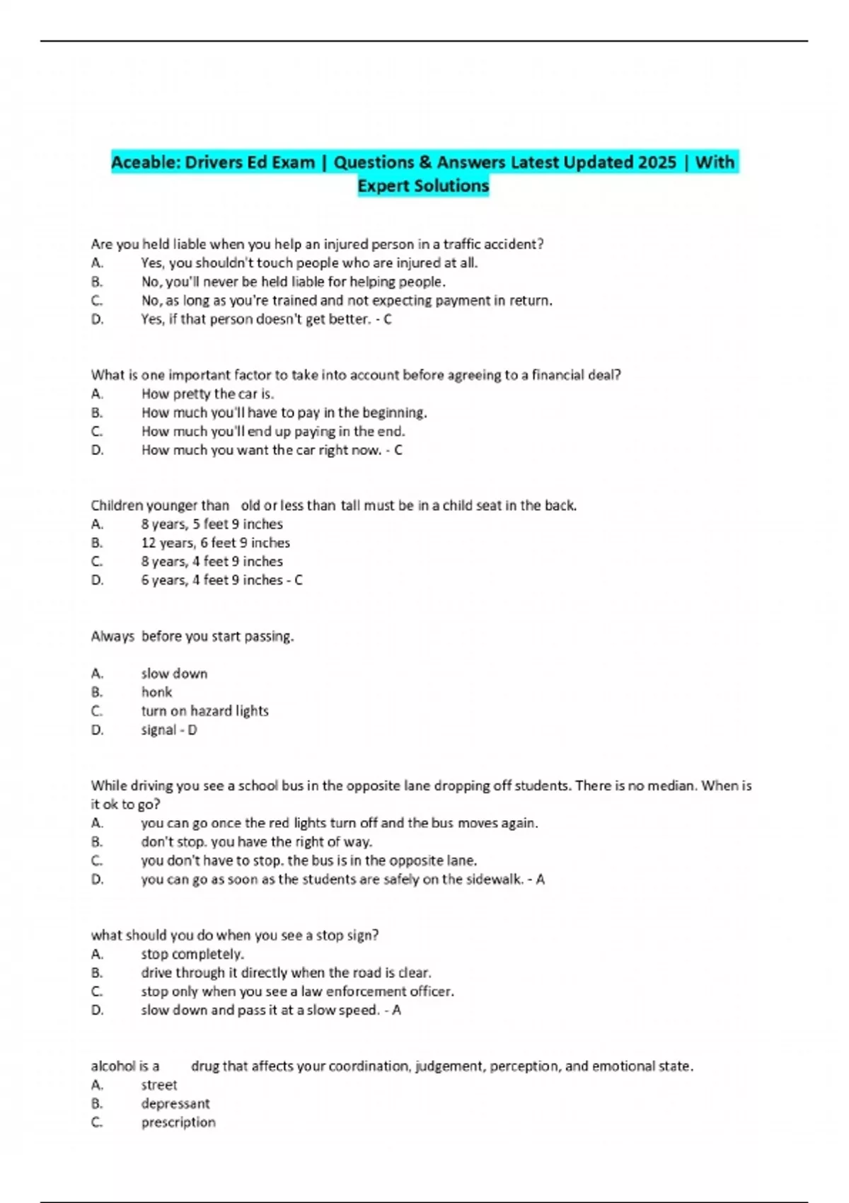 Aceable: Drivers Ed Exam | Questions & Answers Latest Updated 2025 ...