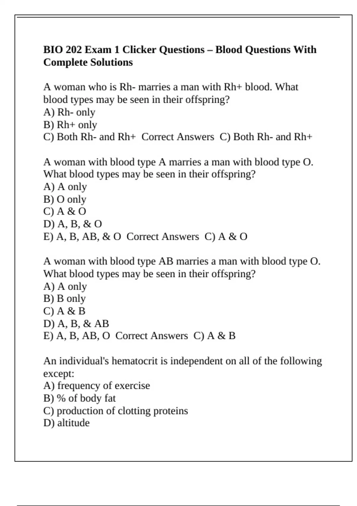 BIO 202 Exam 1 Clicker Questions – Blood Questions With Complete ...