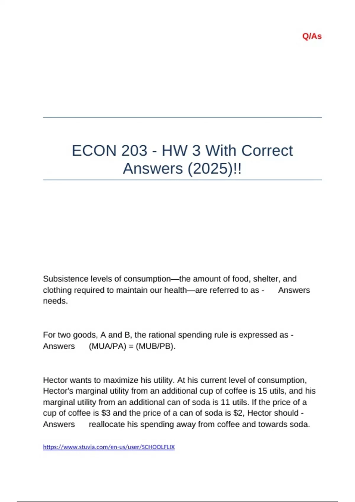 ECON 203 - HW 3 With Correct Answers (2025)!! - Econ 203 - Stuvia US