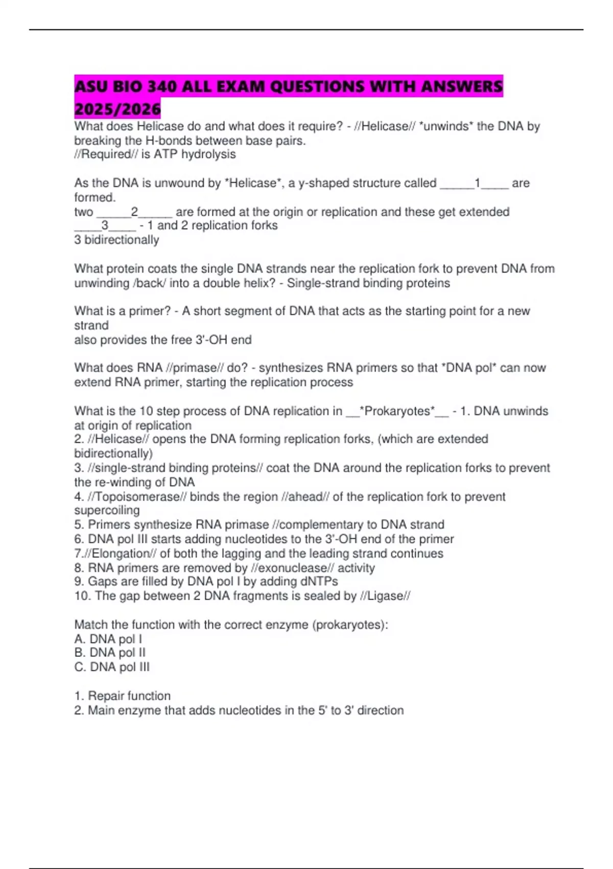 ASU BIO 340 ALL EXAM QUESTIONS WITH ANSWERS 2025/2026 - ASU BIO 340 - Stuvia US