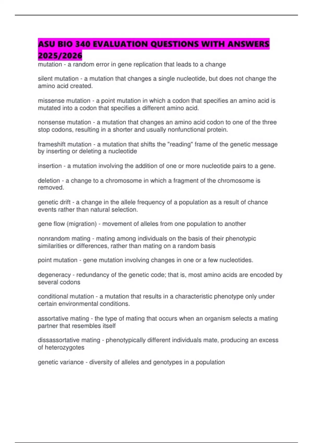 ASU BIO 340 FINAL EXAM EVALUATION QUESTIONS WITH ANSWERS 2025/2026 - ASU BIO 340 - Stuvia US