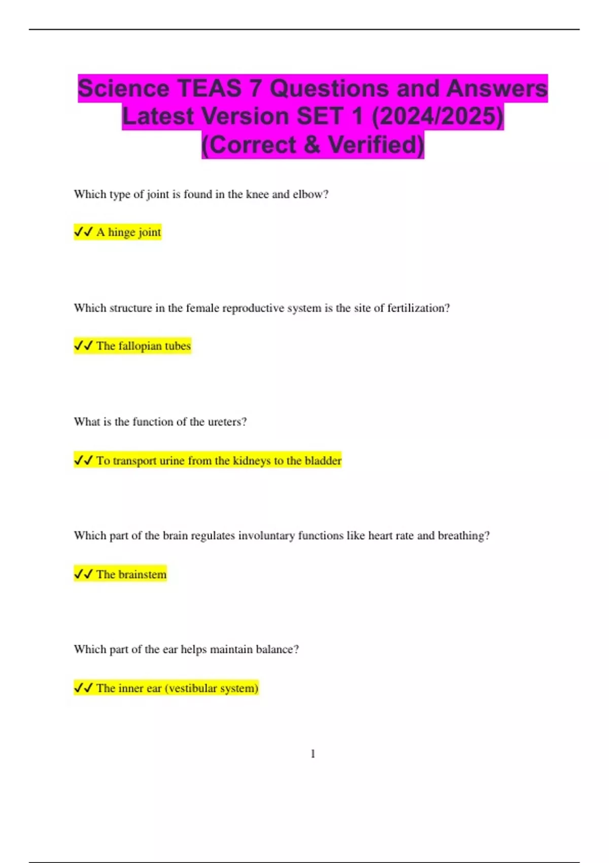 Science TEAS 7 Questions and Answers Latest Version SET 1 (2024/2025 ...