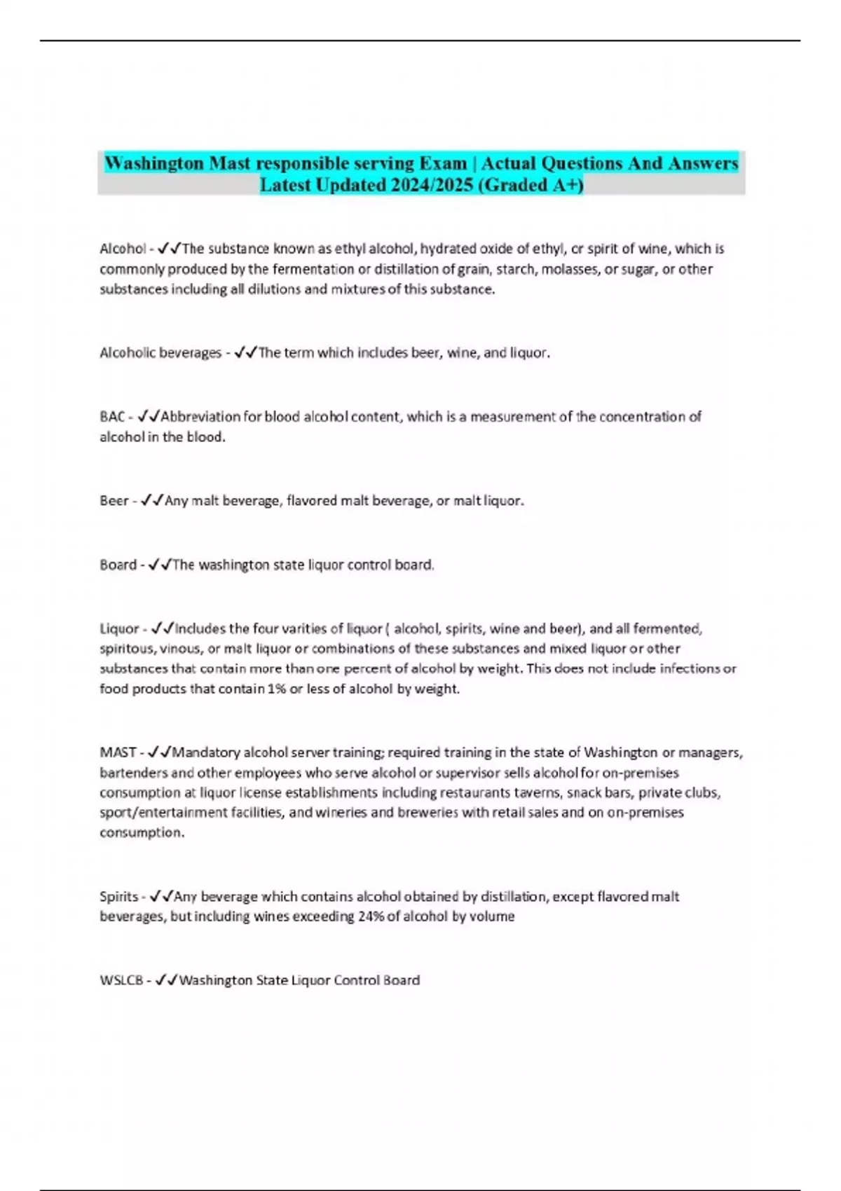 Washington Mast responsible serving Exam | Actual Questions And Answers ...
