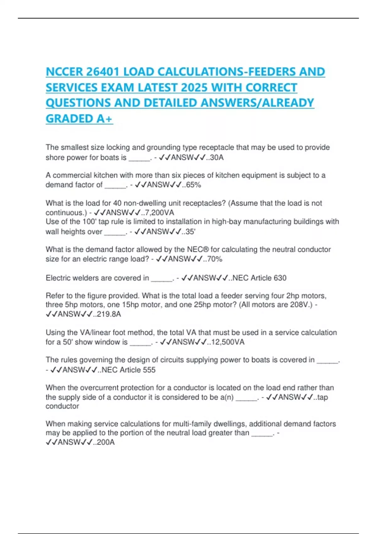 NCCER 26401 LOAD CALCULATIONS-FEEDERS AND SERVICES EXAM LATEST 2025 ...