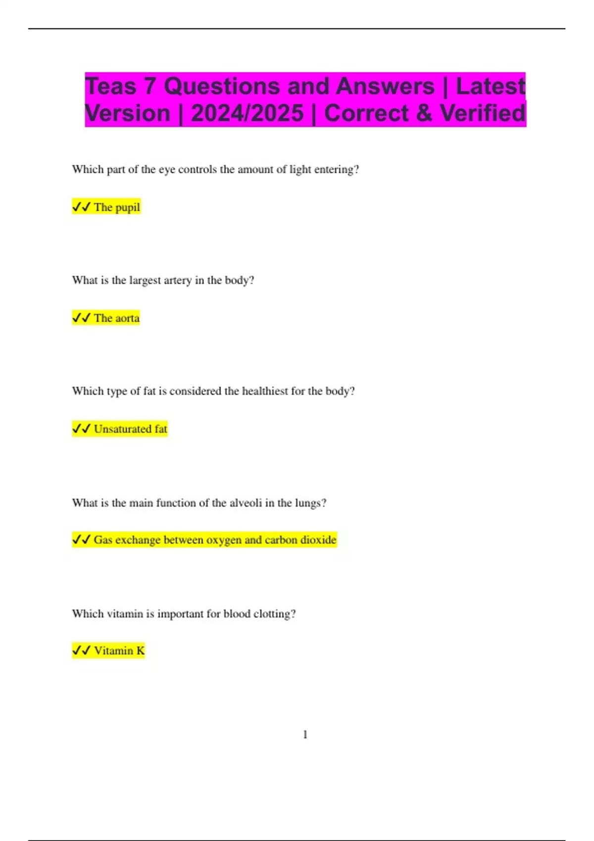 Teas 7 Questions and Answers | Latest Version | 2024/2025 | Correct ...