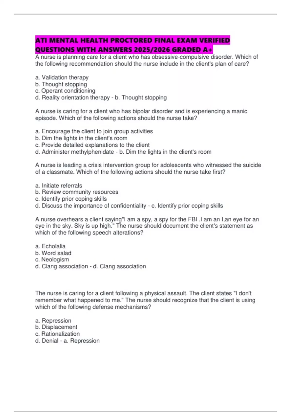 ATI MENTAL HEALTH PROCTORED MIDTERM EXAM QUESTIONS WITH ANSWERS 2025/2026 GRADED A+ - Ati mental ...