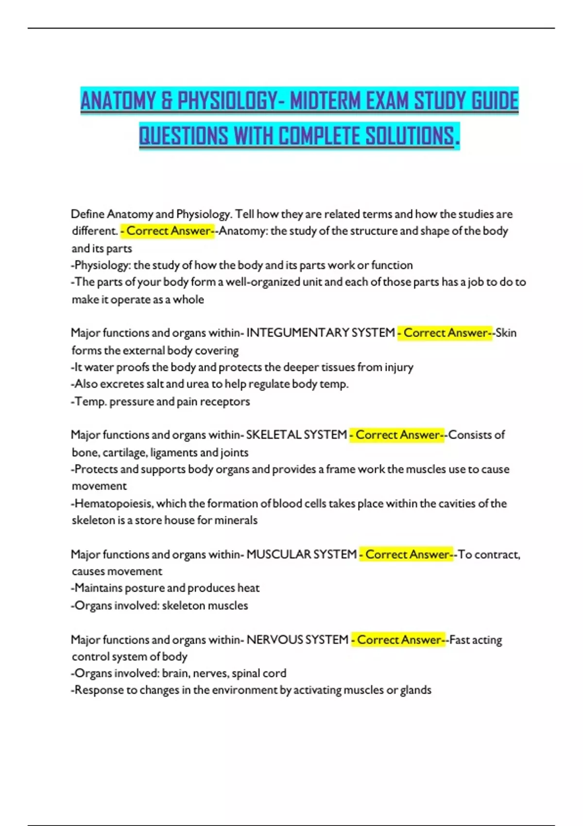 ANATOMY & PHYSIOLOGY- MIDTERM EXAM STUDY GUIDE QUESTIONS WITH COMPLETE ...