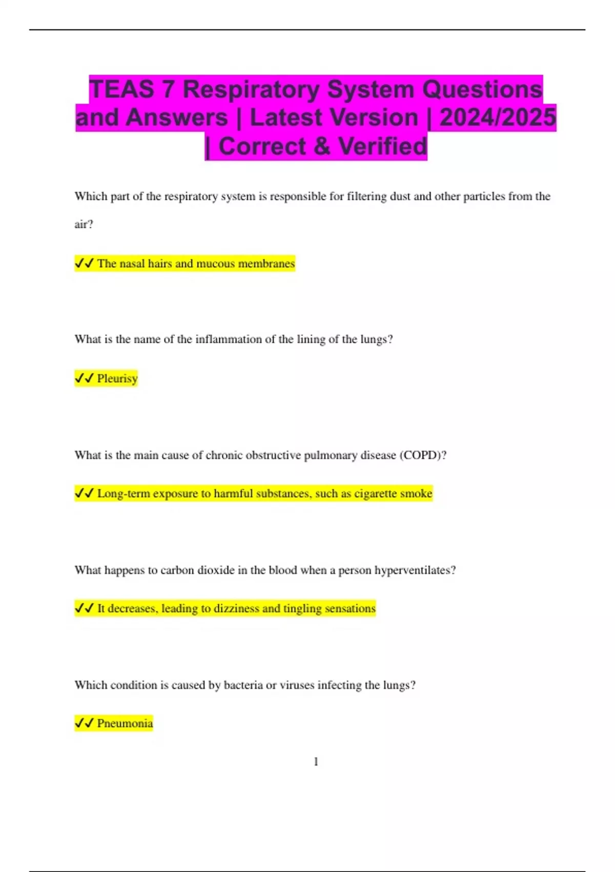 TEAS 7 Respiratory System Questions and Answers | Latest Version | 2024 ...