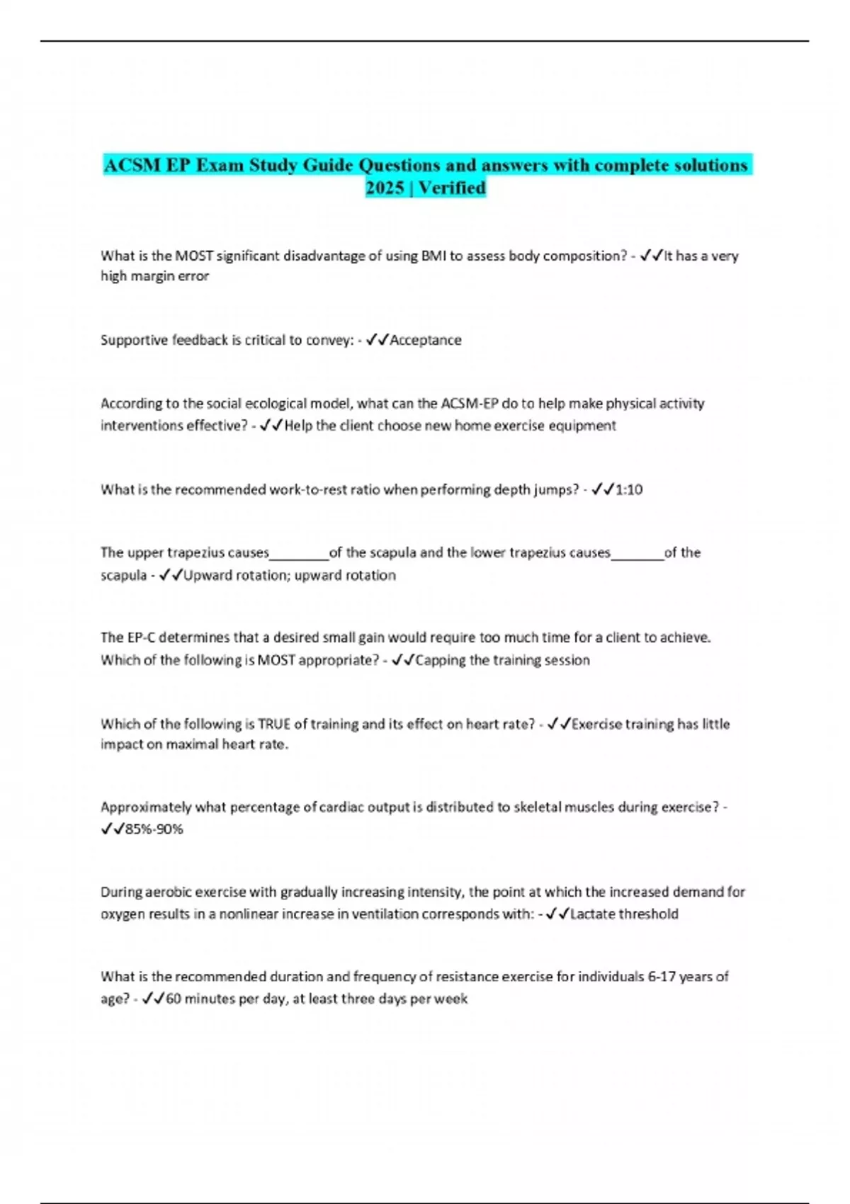 ACSM EP Exam Questions and answers with complete solutions 2025 | Verified - ACSM EP - Stuvia US