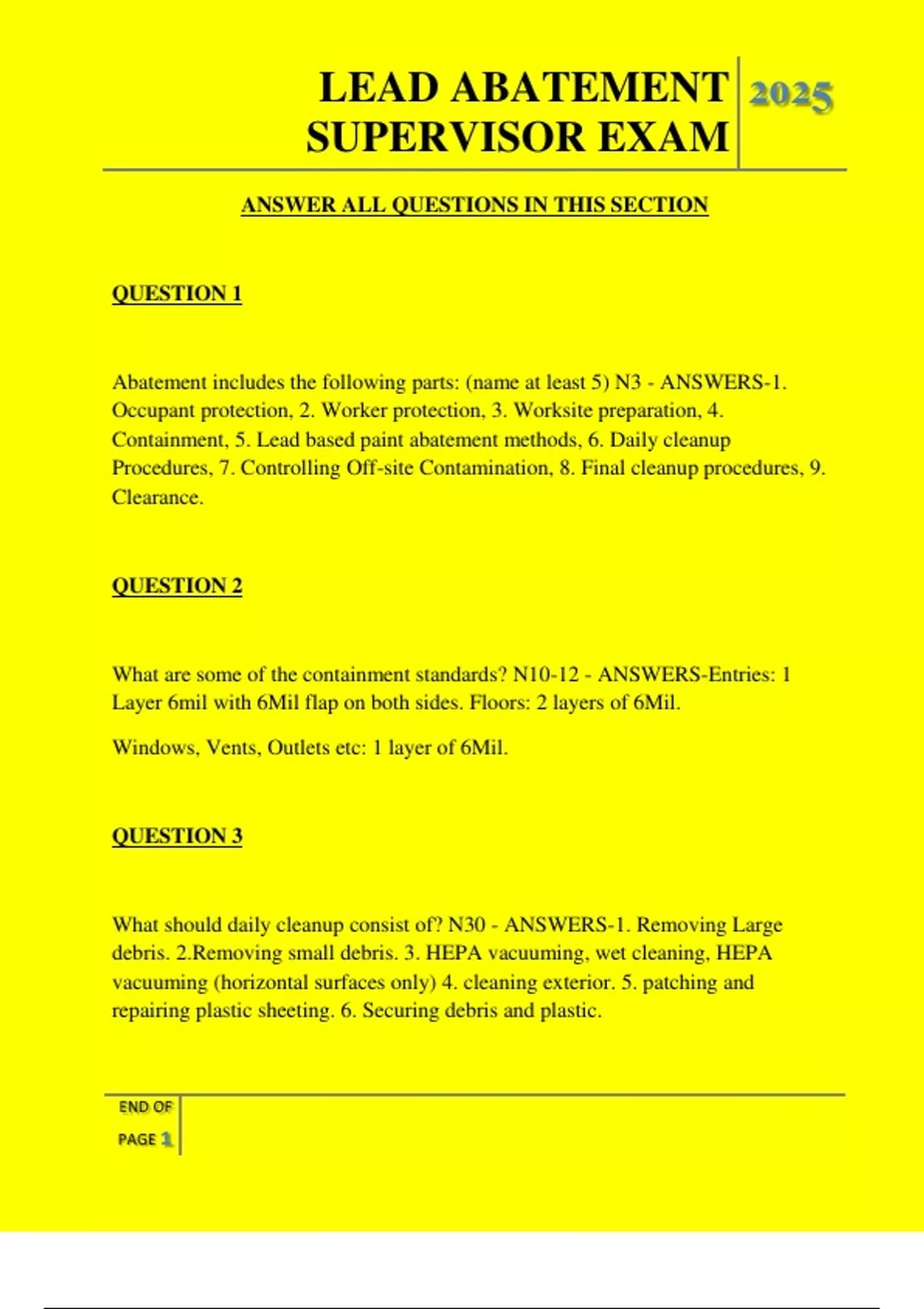 LEAD ABATEMENT SUPERVISOR EXAM QUESTIONS AND ANSWERS 2025 - LEAD ...