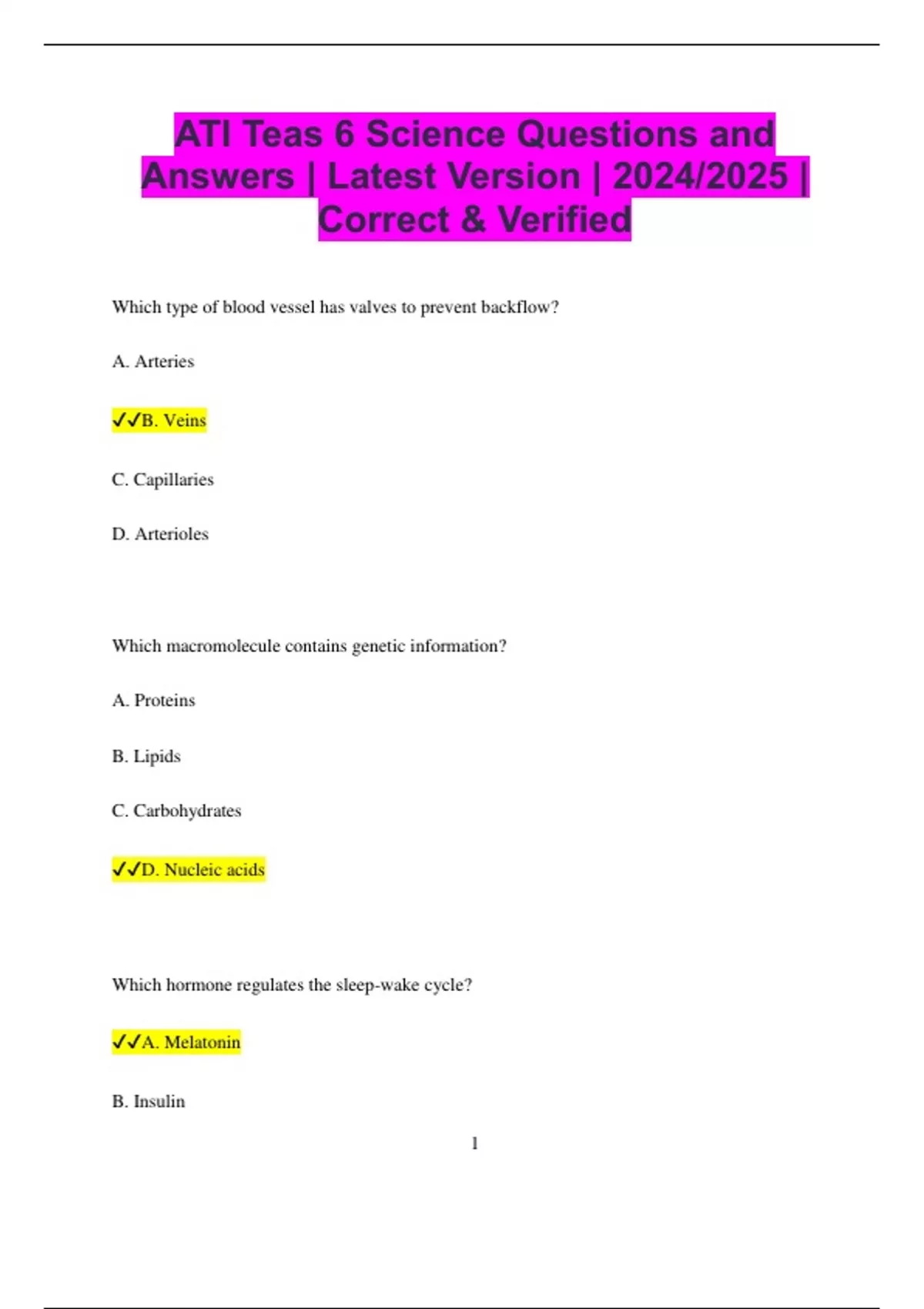 ATI Teas 6 Science Questions and Answers | Latest Version | 2024/2025 ...