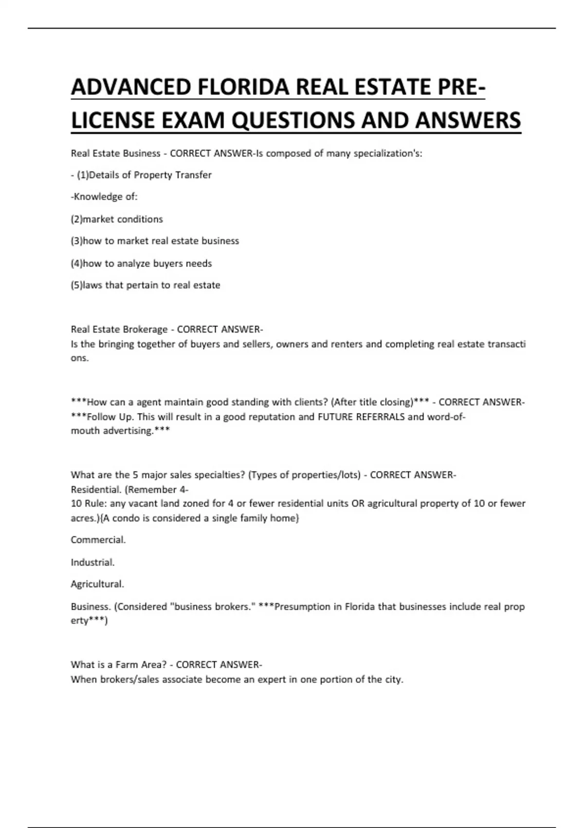 ADVANCED FLORIDA REAL ESTATE PRELICENSE EXAM QUESTIONS AND ANSWERS ...