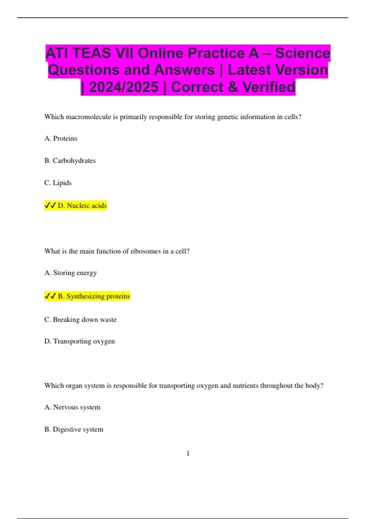 ATI TEAS VII Online Practice A – Science Questions and Answers | Latest ...
