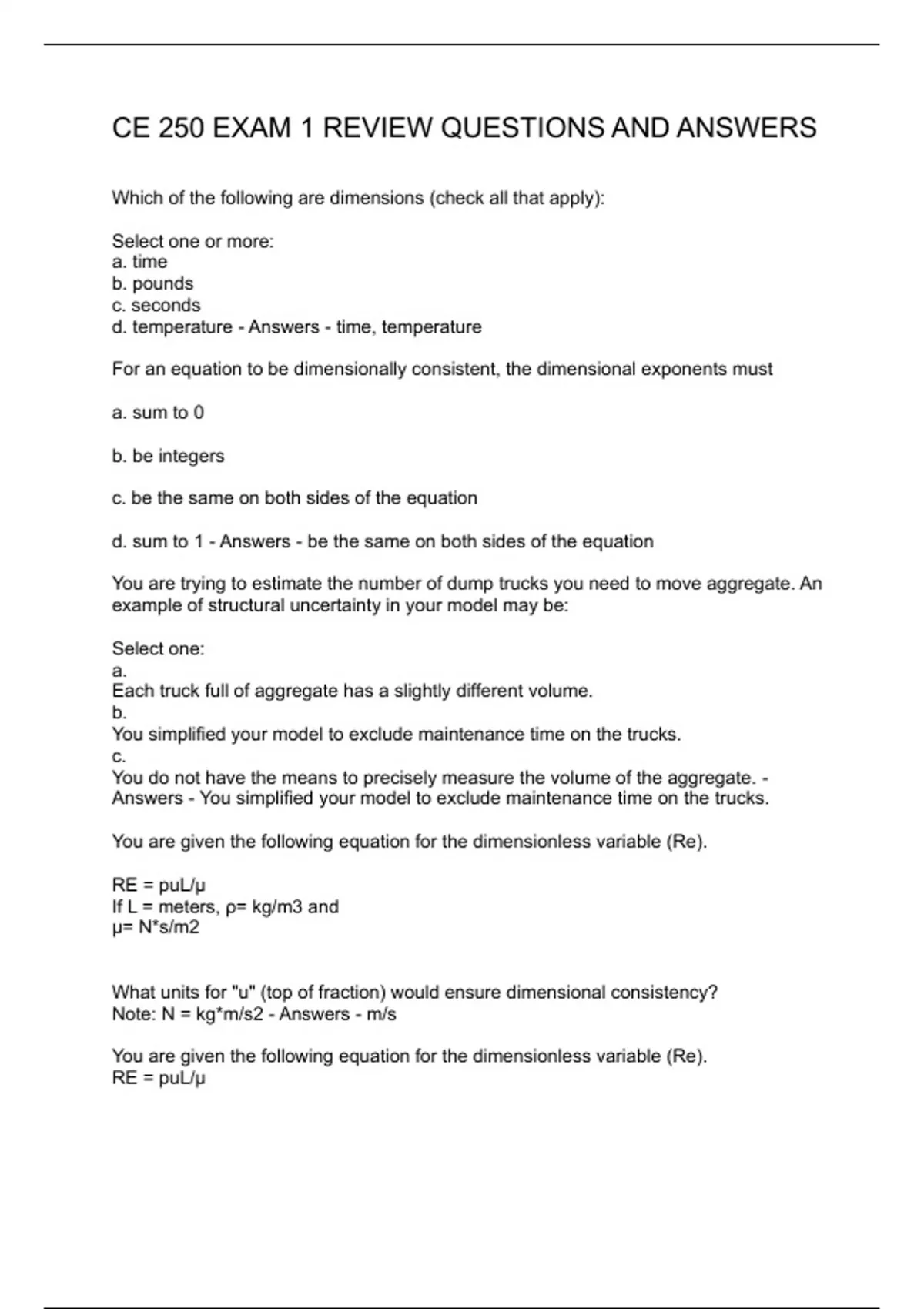 CE 250 EXAM 1 REVIEW QUESTIONS AND ANSWERS - CE 250 - Stuvia UK