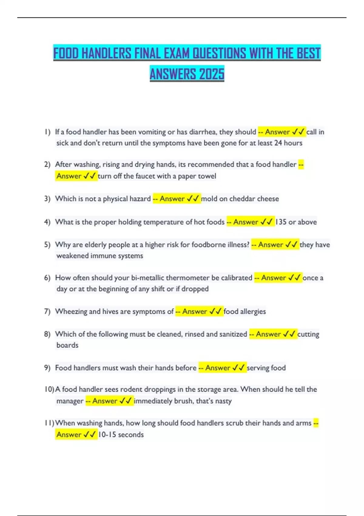 FOOD HANDLERS FINAL EXAM QUESTIONS WITH THE BEST ANSWERS 2025. - Food ...