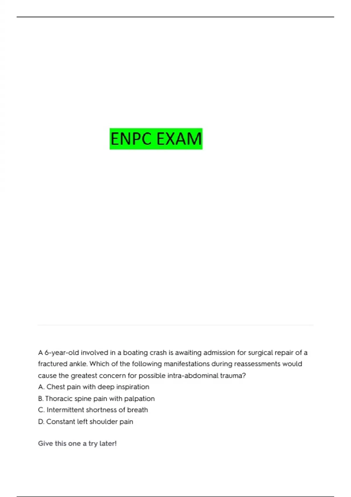 ENPC EXAM 6TH ED QUESTIONS WITH COMPLETE ANSWERS - ENPC - Stuvia FR