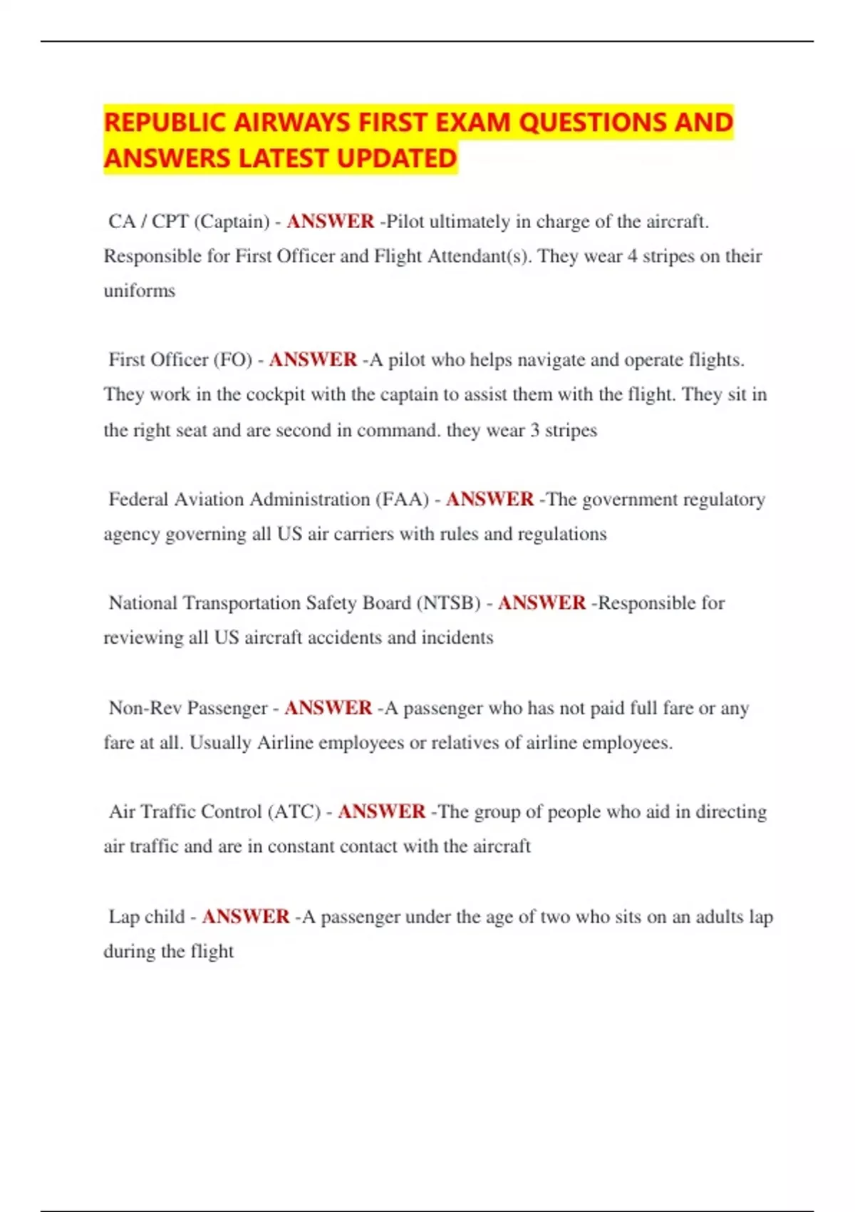 REPUBLIC AIRWAYS FIRST EXAM QUESTIONS AND ANSWERS LATEST UPDATED ...