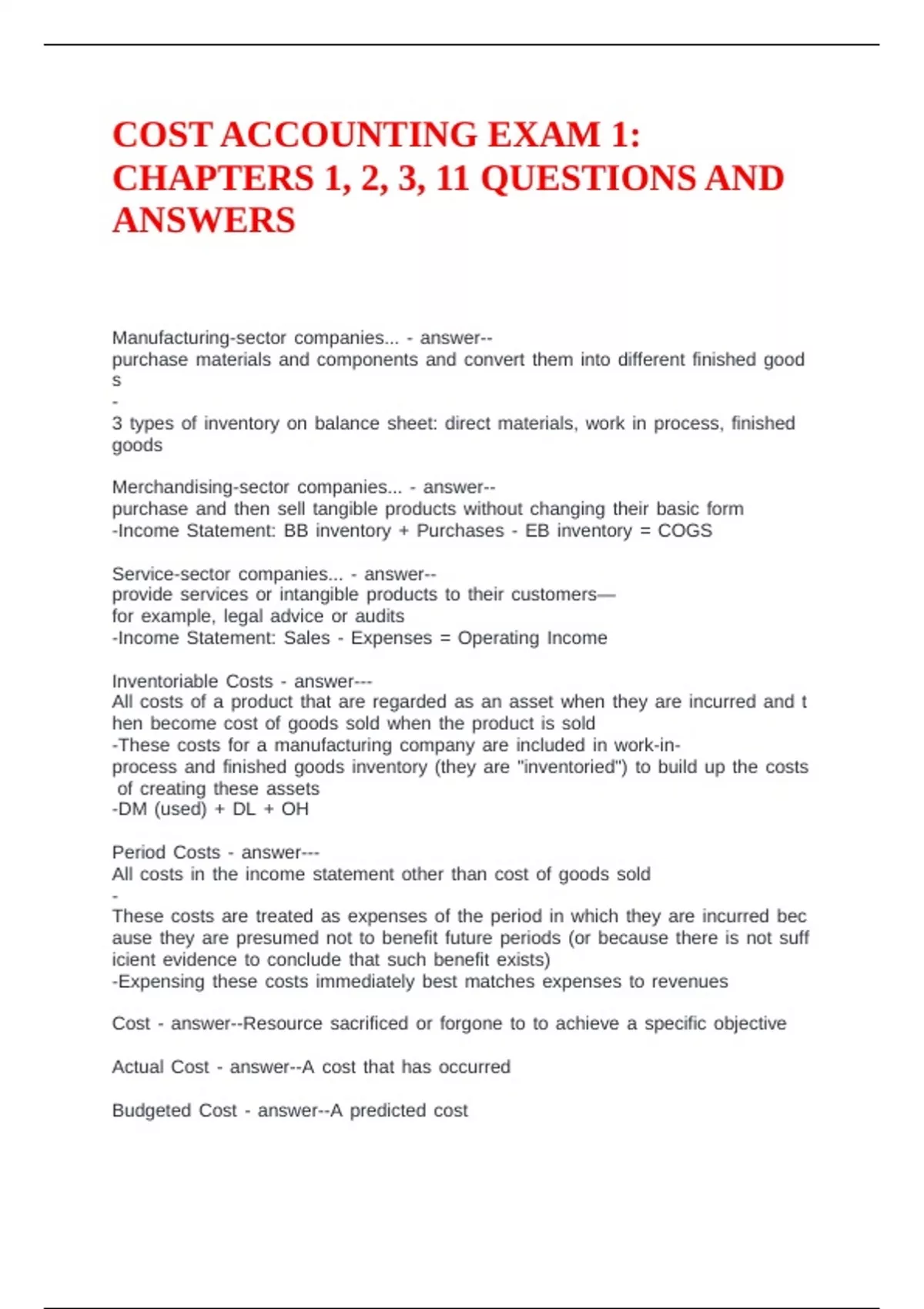 COST ACCOUNTING EXAM 1: CHAPTERS 1, 2, 3, 11 QUESTIONS AND ANSWERS ...