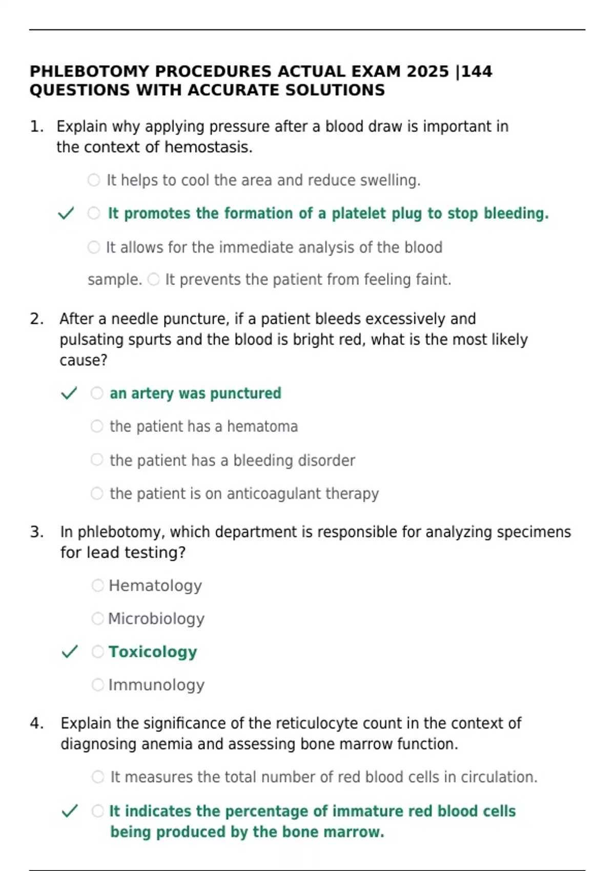PHLEBOTOMY PROCEDURES ACTUAL EXAM 2025 |144 QUESTIONS WITH ACCURATE ...