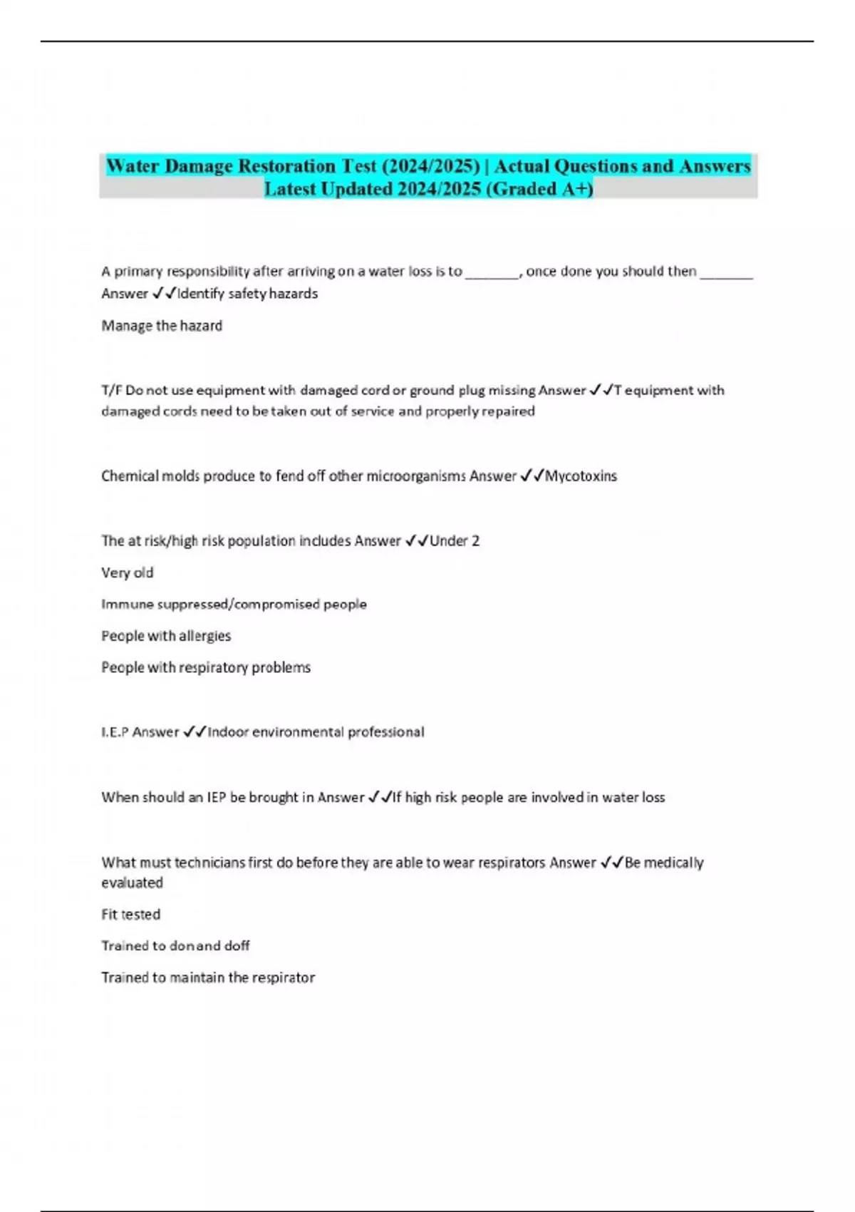 Water Damage Restoration Test (2024/2025) | Actual Questions and ...