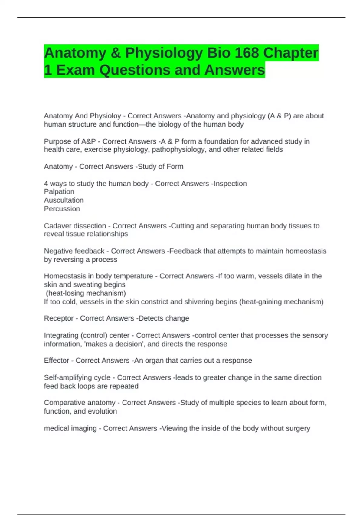 Anatomy & Physiology Bio 168 Chapter 1 Exam Questions and Answers - BIO ...