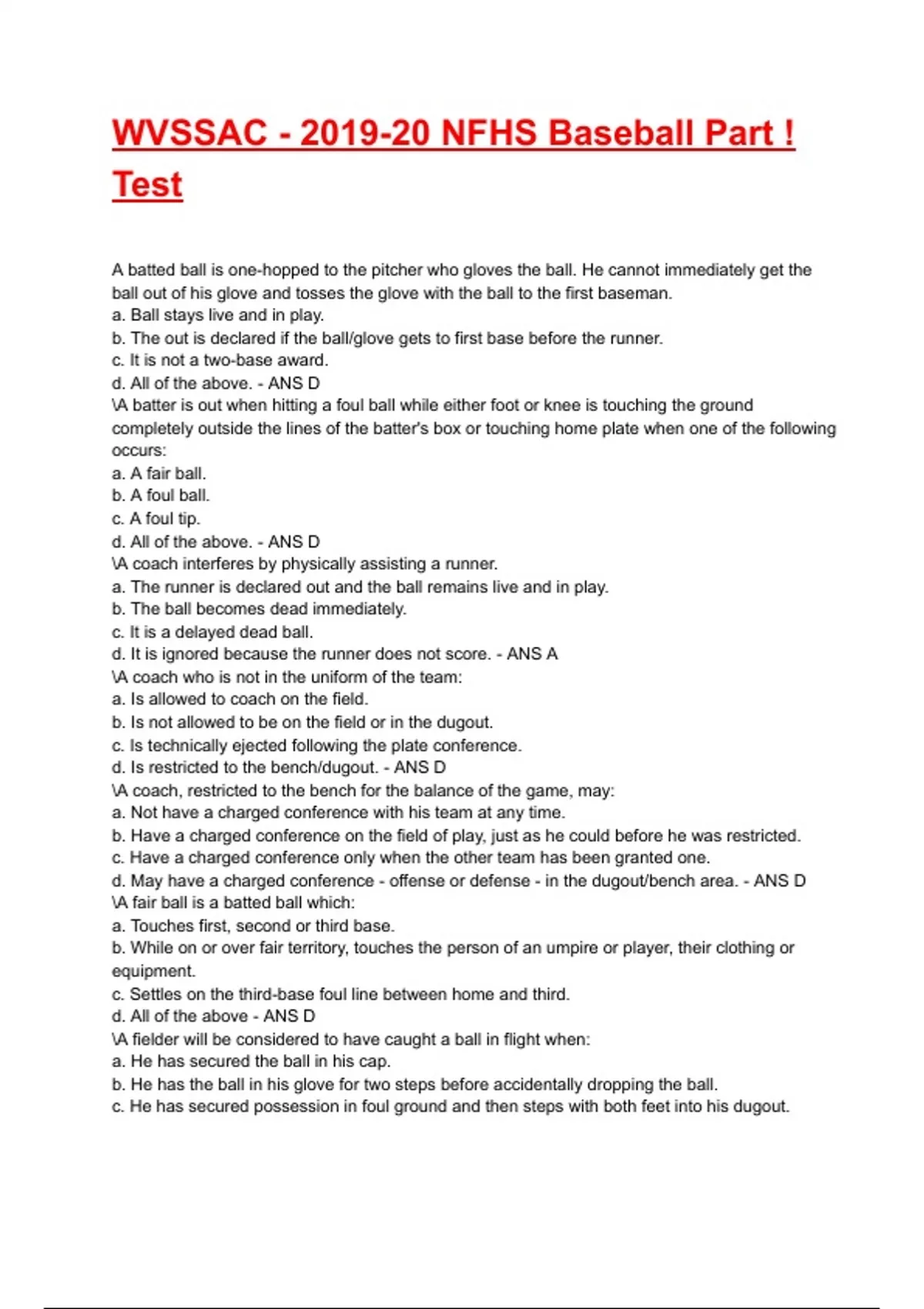 WVSSAC - 2025-26 NFHS Baseball Part Test Exam Questions With Completed ...