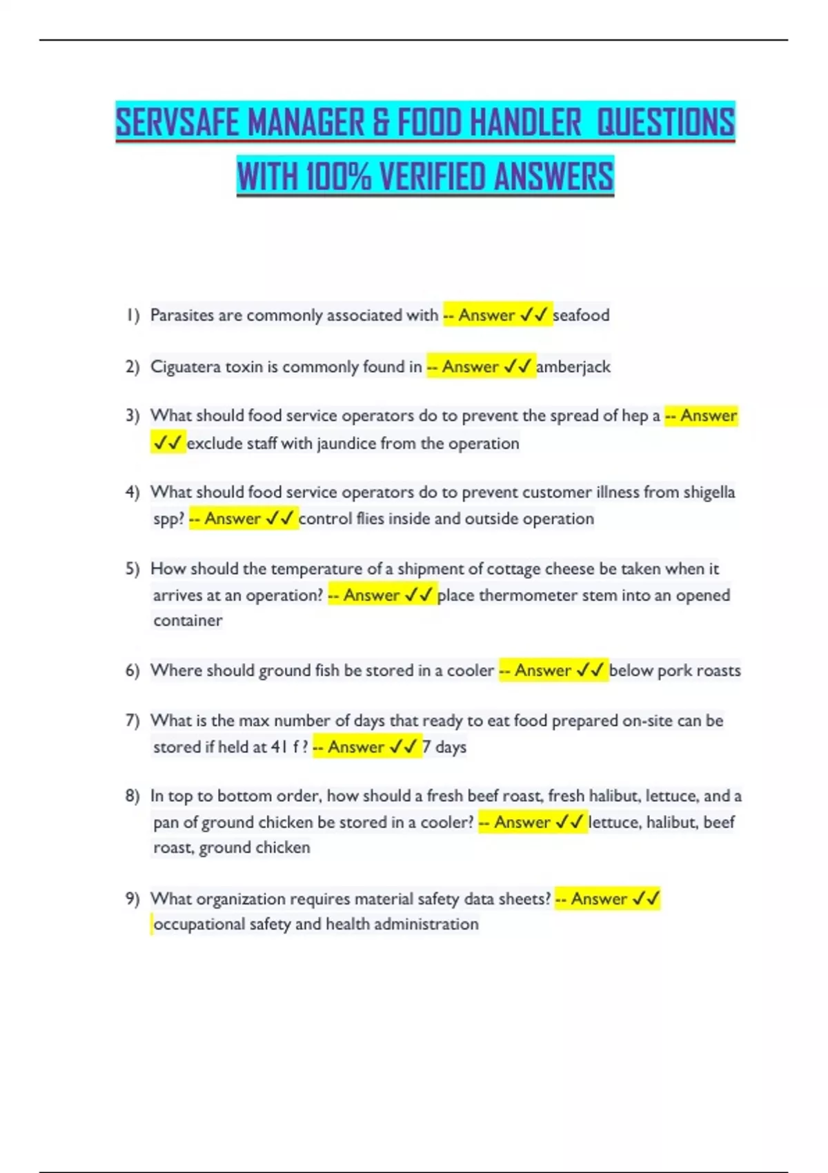 SERVSAFE MANAGER & FOOD HANDLER QUESTIONS WITH 100% VERIFIED ANSWERS ...