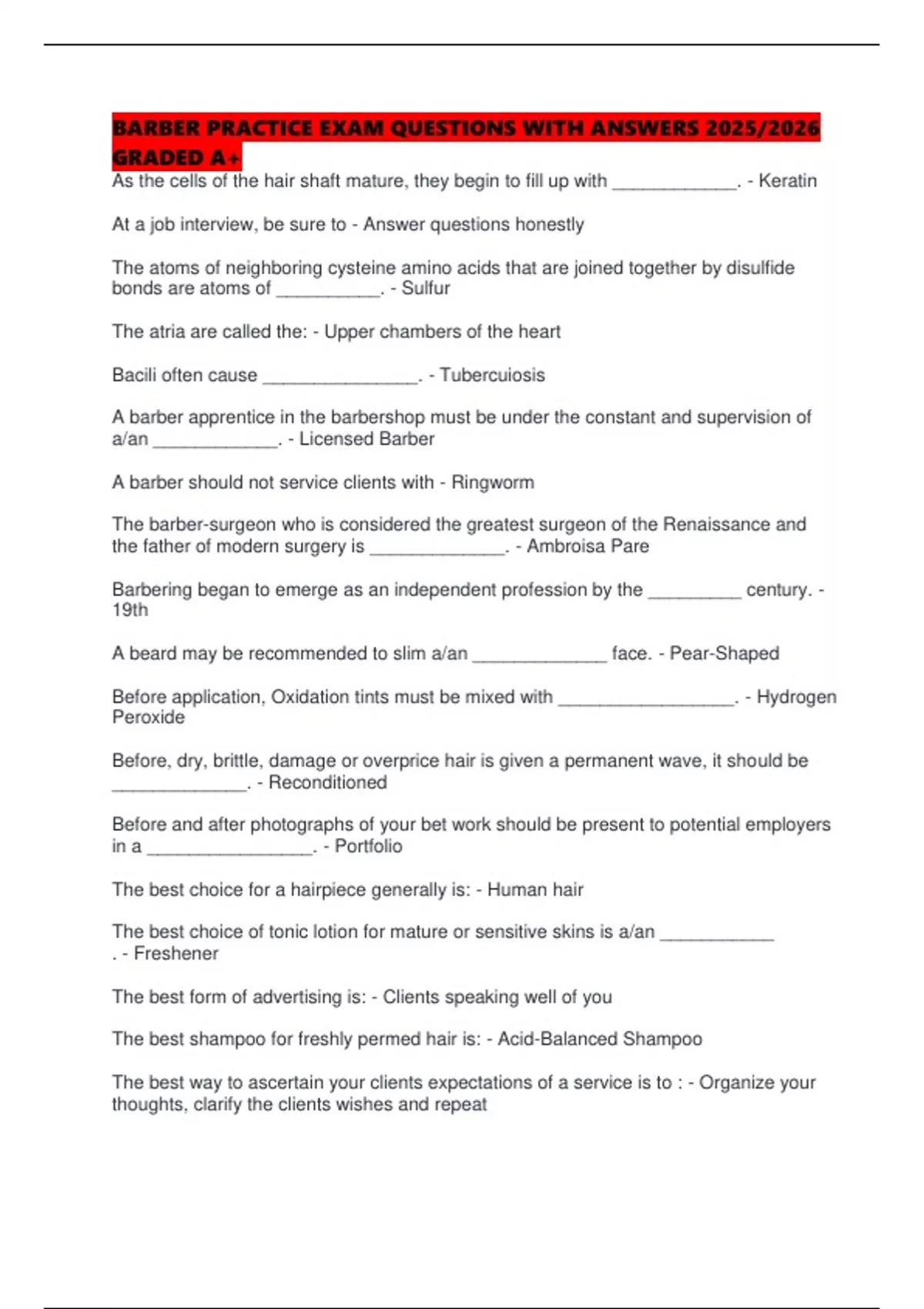 BARBER PRACTICE EXAM QUESTIONS WITH ANSWERS 2025/2026 GRADED A+ ...