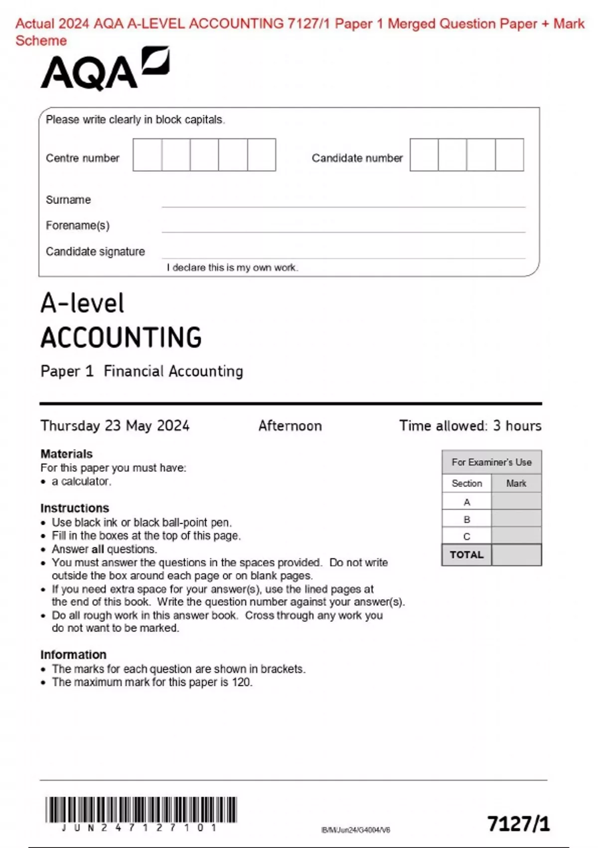 Actual 2024 AQA A-LEVEL ACCOUNTING 7127/1 Paper 1 Financial Accounting ...