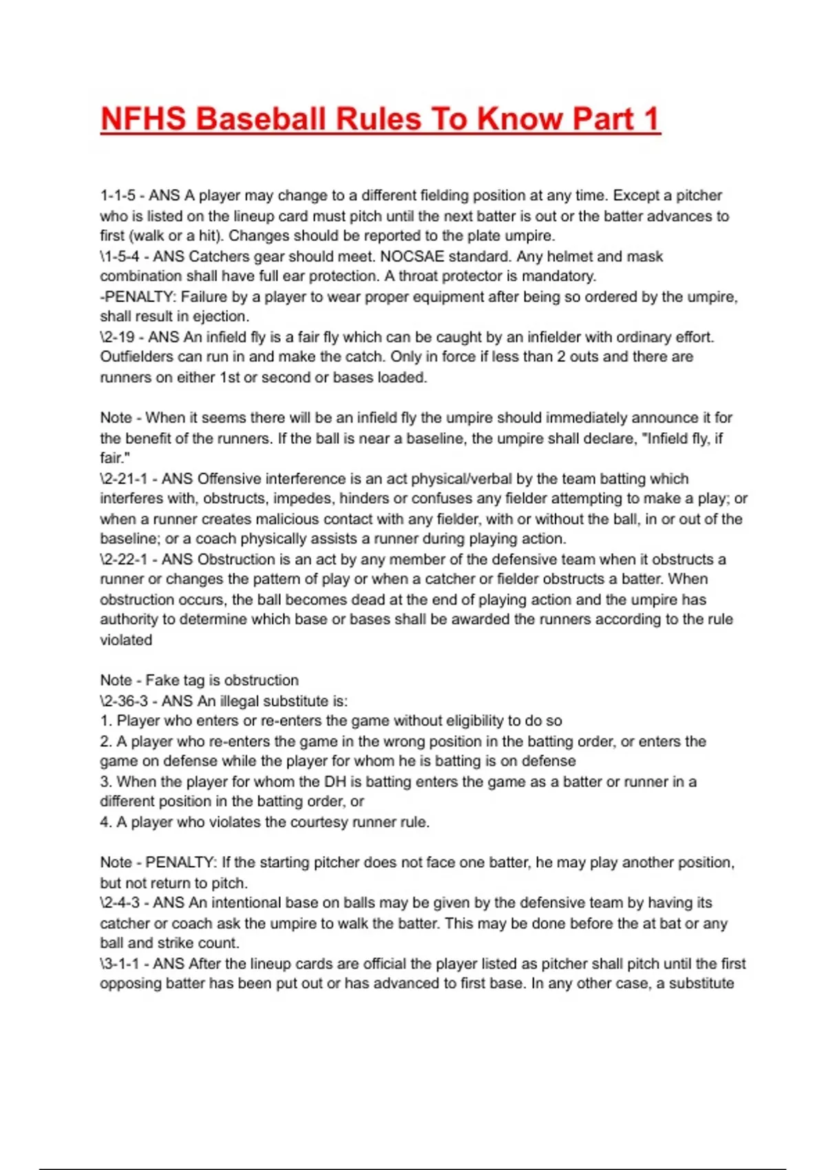 NFHS Baseball Rules To Know Part 1 2025/2026 Questions With Completed ...
