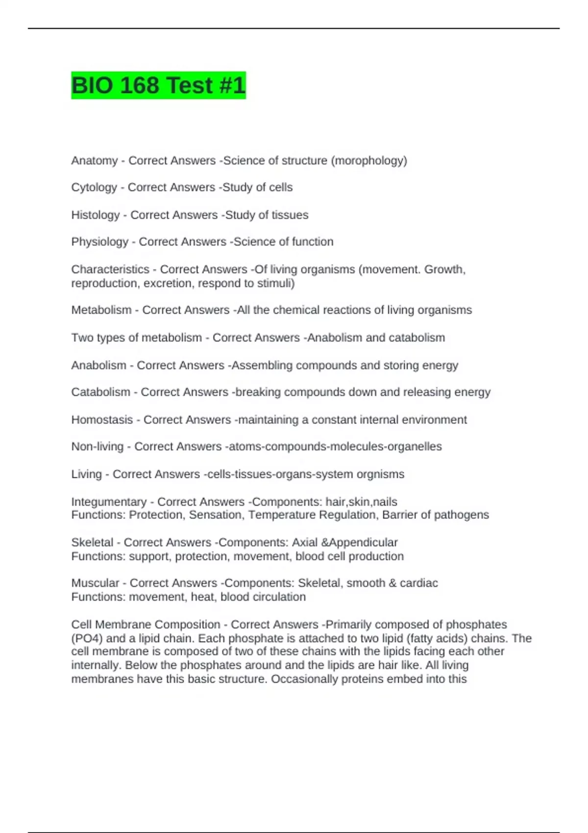 BIO 168 Test #1 Questions and Answers - BIO 168 - Stuvia US
