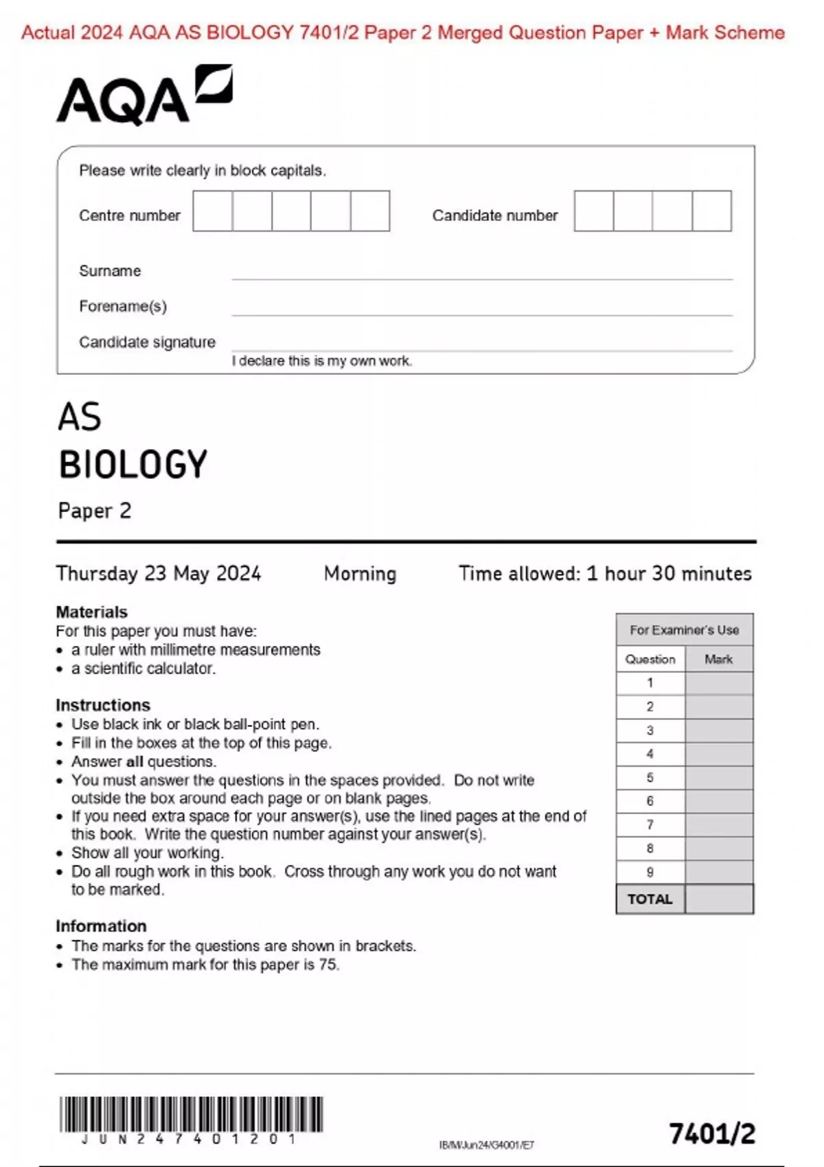 Actual 2024 AQA AS BIOLOGY 7401/2 Paper 2 Merged Question Paper + Mark ...