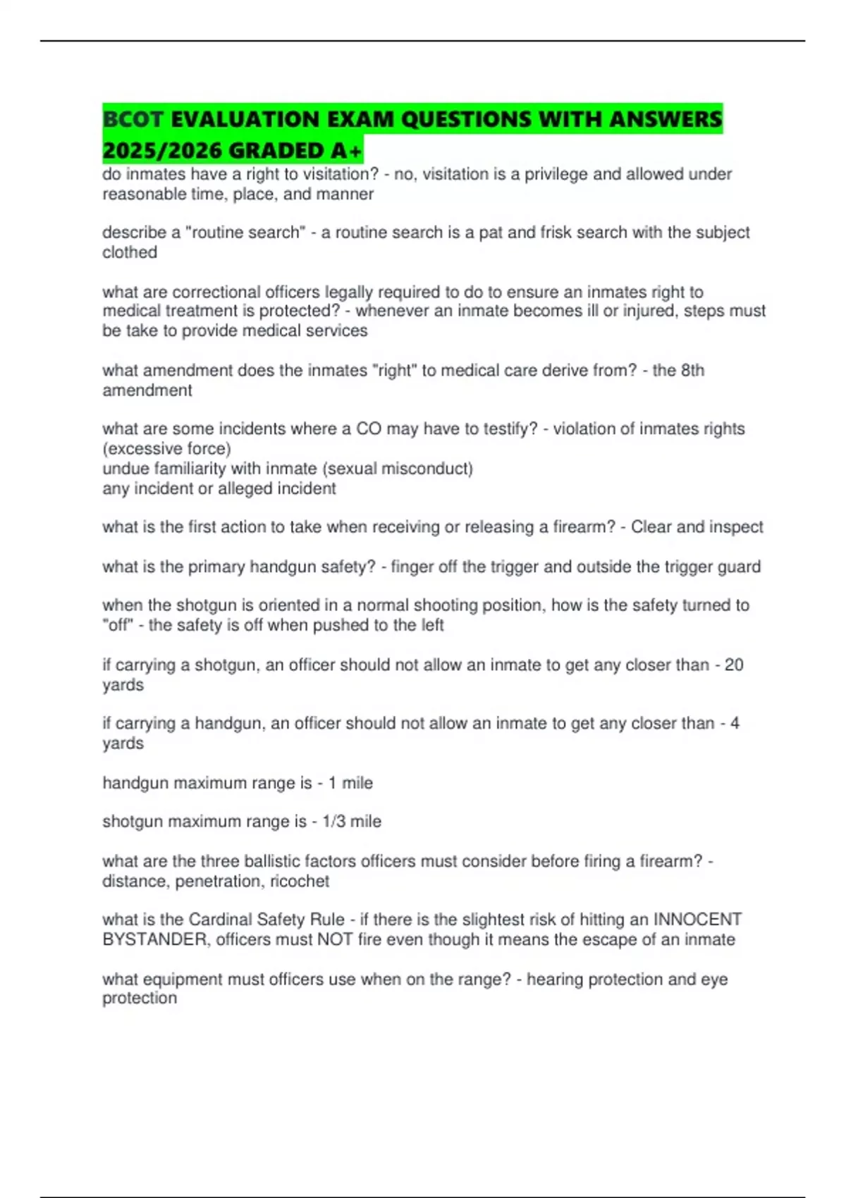 BCOT EVALUATION EXAM QUESTIONS WITH ANSWERS 2025/2026 GRADED A+ - BCOT ...