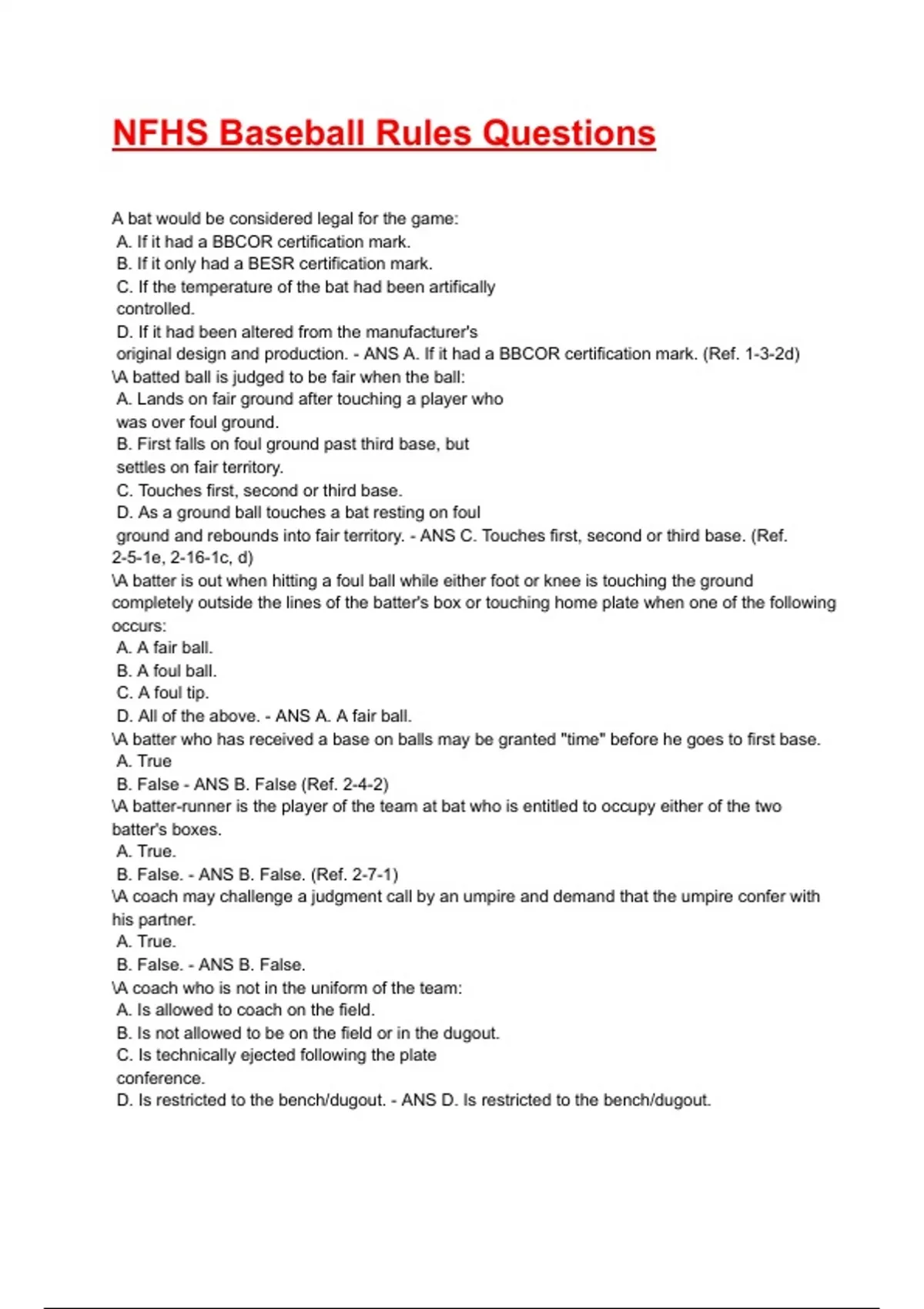 NFHS Baseball Rules Exam 2025/2026 Questions With Completed & Verified Solutions. - NFHS ...