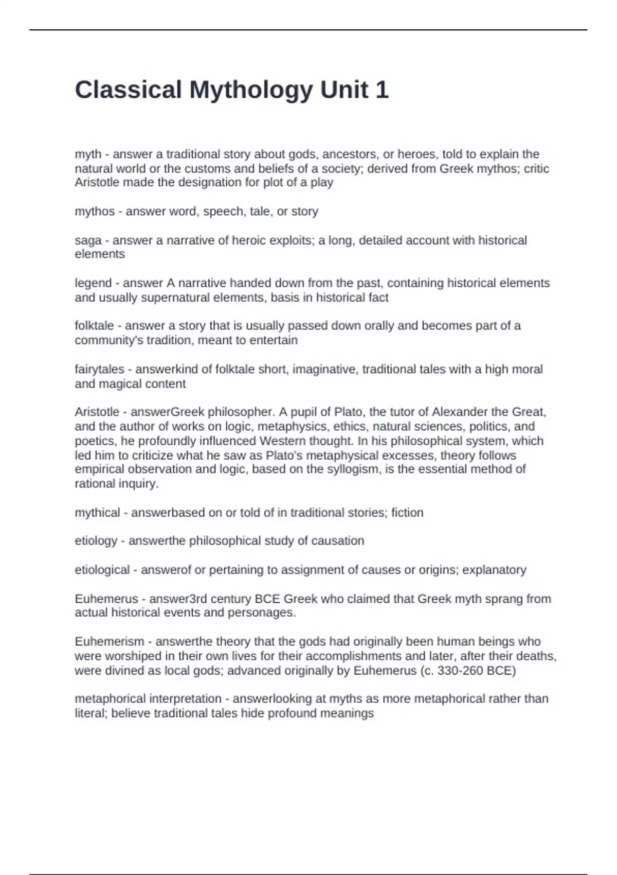 Classical Mythology Unit 1 Questions and Answers - Mythology - Stuvia US