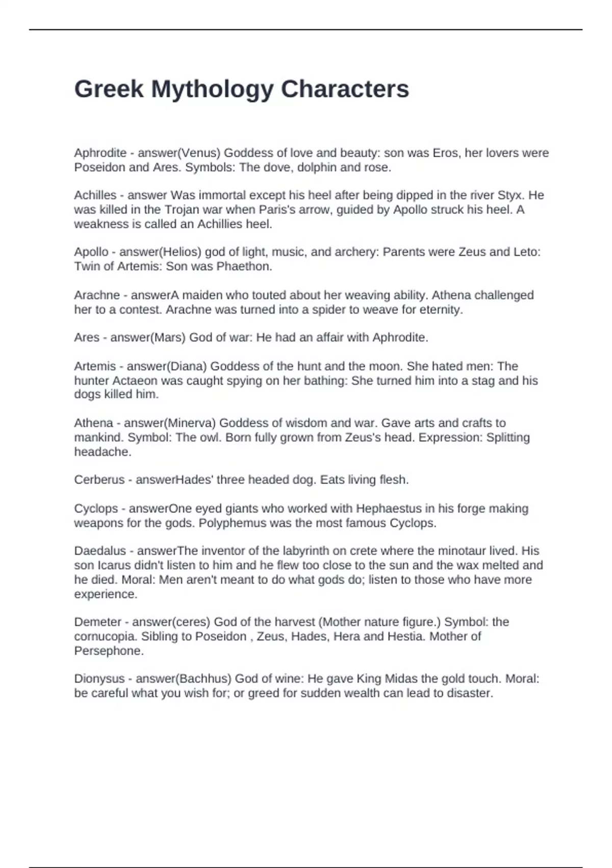 Greek Mythology Characters Questions with Solutions - Mythology - Stuvia US