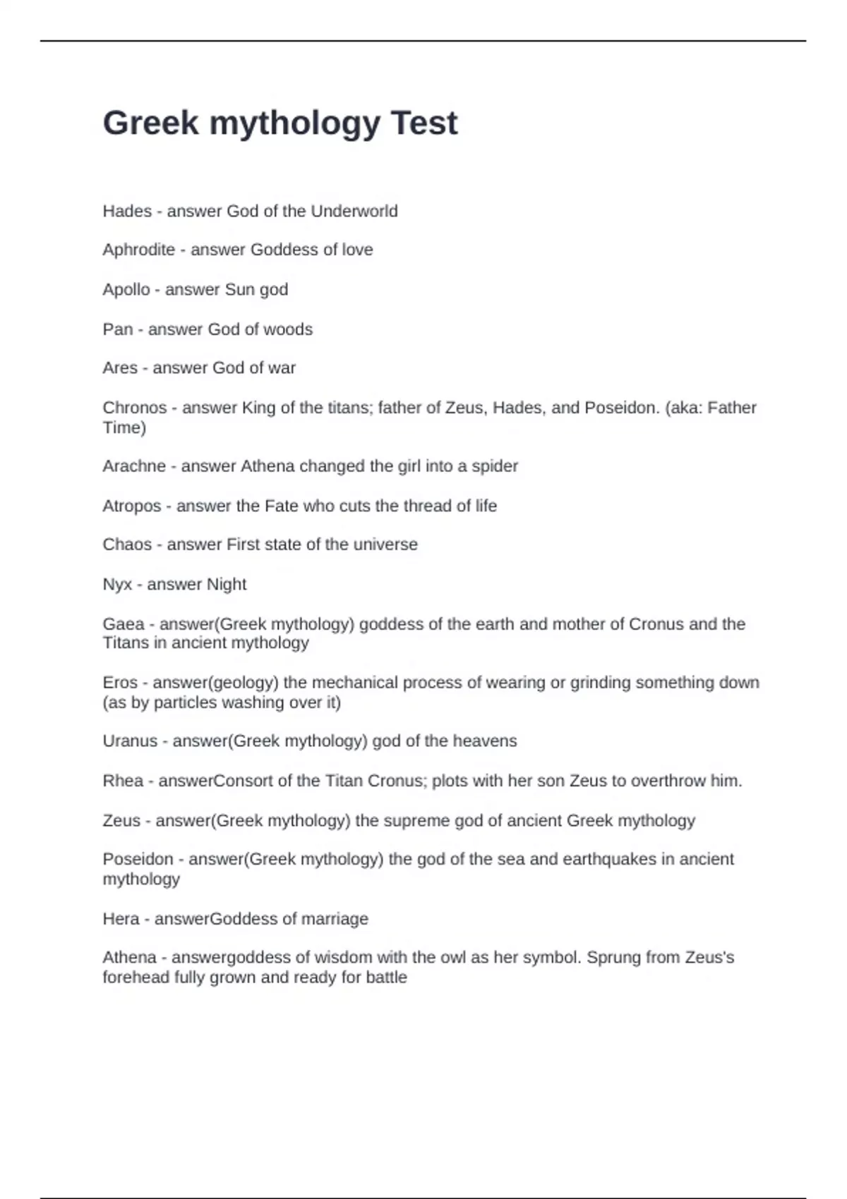 Greek mythology Test Questions and Answers - Mythology - Stuvia US