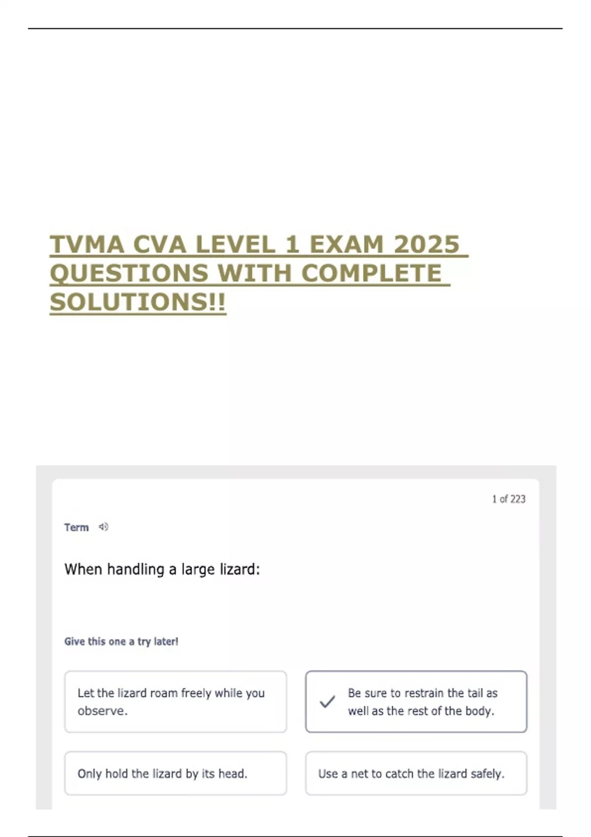 TVMA CVA LEVEL 1 EXAM 2025 QUESTIONS WITH COMPLETE SOLUTIONS!! - TVMA ...