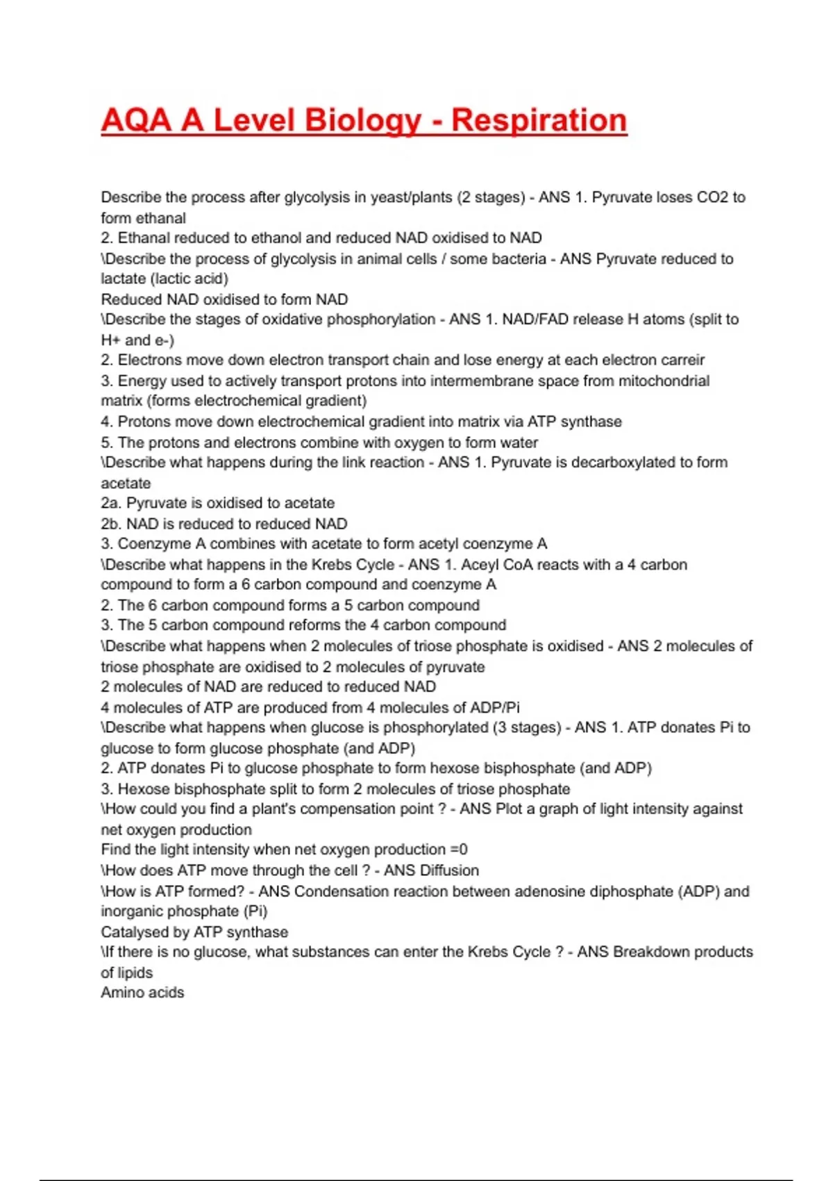AQA A Level Biology - Respiration Exam 2025/2026 Questions With ...