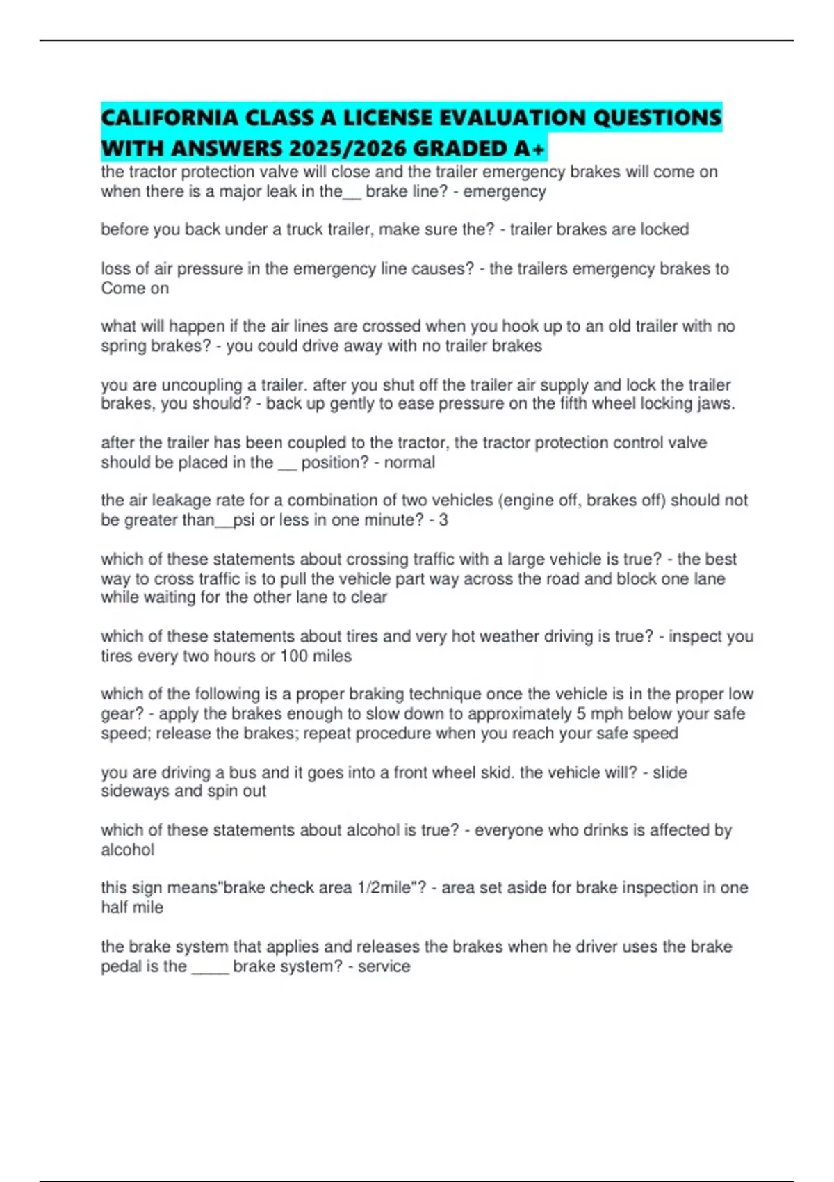 CALIFORNIA CLASS A LICENSE EVALUATION QUESTIONS WITH ANSWERS 2025/2026 ...