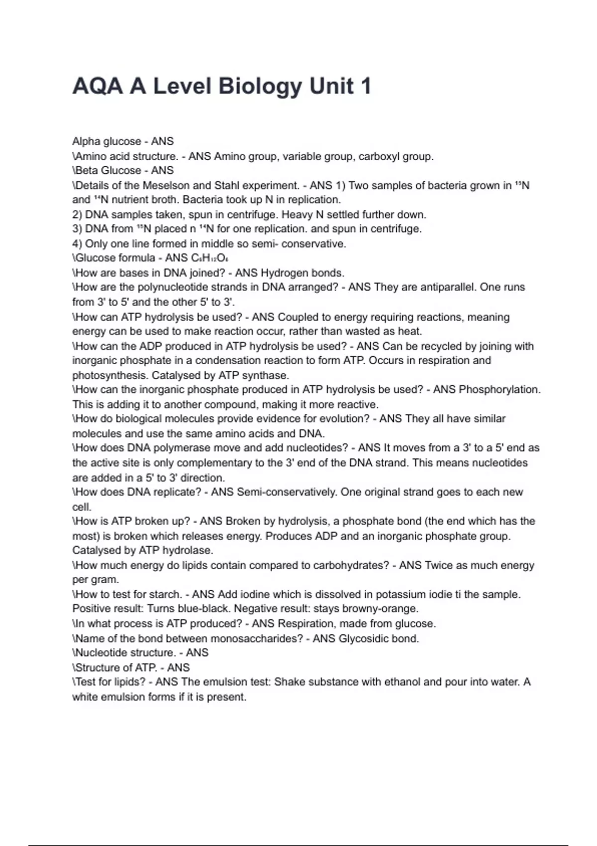 AQA A Level Biology Unit 1 Exam 2025/2026 Questions With Correct Answers. - AQA A-Level Biology ...