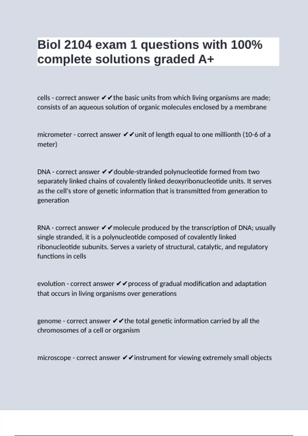 Biol 2104 exam 1 questions with 100% complete solutions graded A+ ...