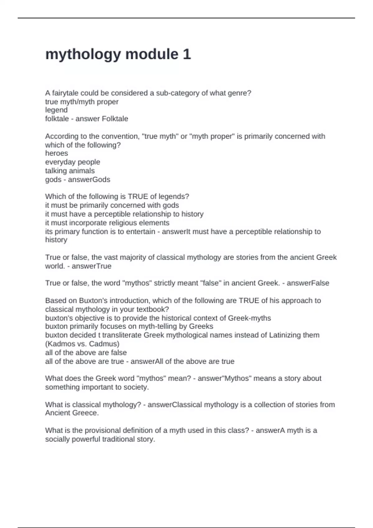 mythology module 1 Questions and Answers 100% Correct - Mythology ...