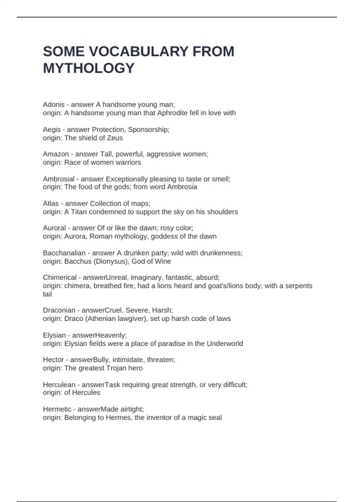 SOME VOCABULARY FROM MYTHOLOGY QUESTIONS AND ANSWERS GRADED A+ ...